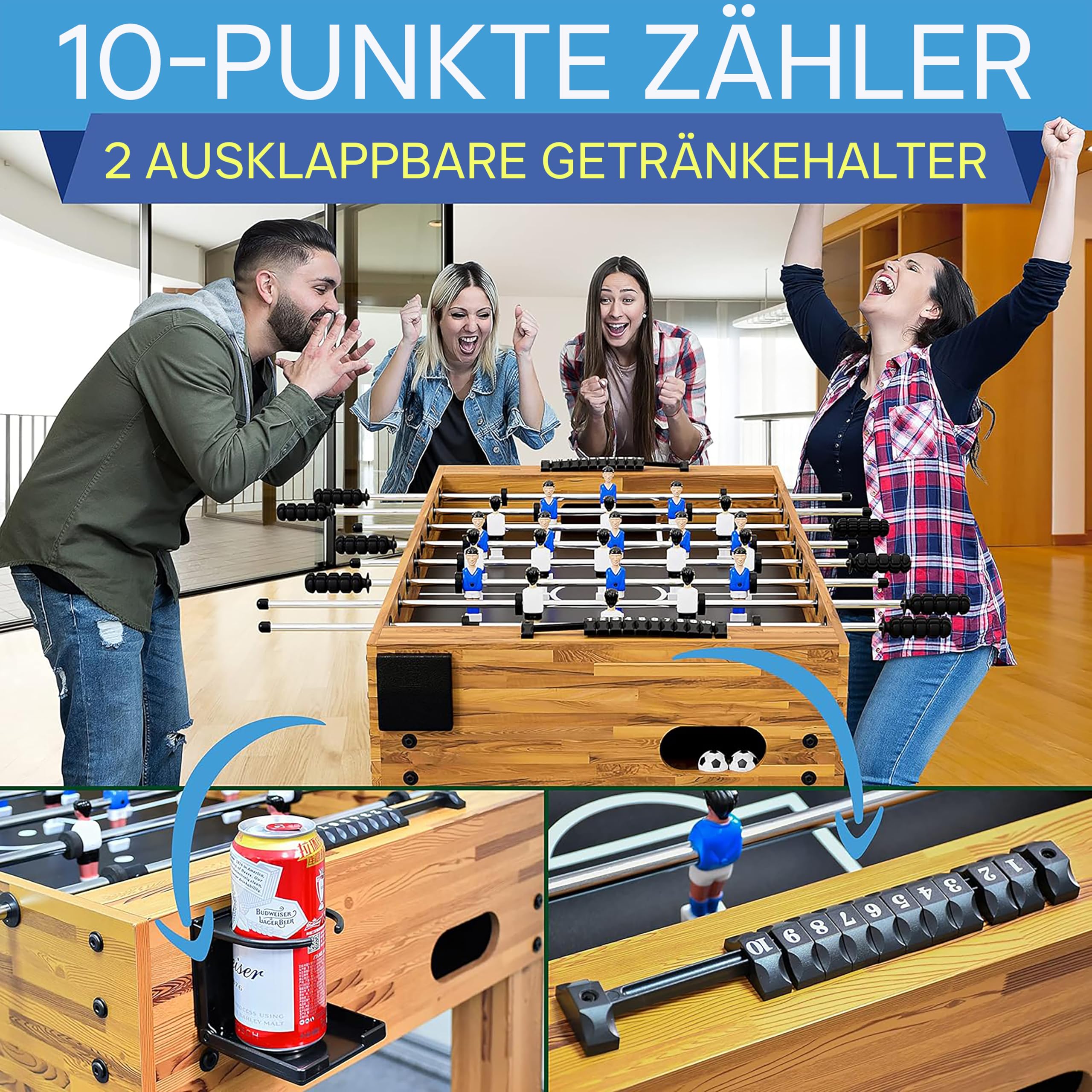 SereneLife 48in Competition Sized Foosball Table - Height Adjustable Arcade Soccer Set for Home, Game Room, Man Cave - Includes 2 Balls & 2 Fold-Out Cup Holders, Natural