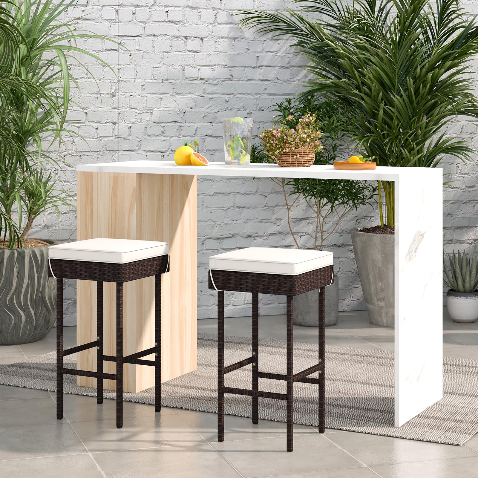 HAPPYGRILL Patio Bar Stools Set of 2, Outdoor Rattan Bar Chairs with Cushion, Sturdy Steel Frame and Footrests, PE Wicker Bar Stools for Backyard Poolside Garden