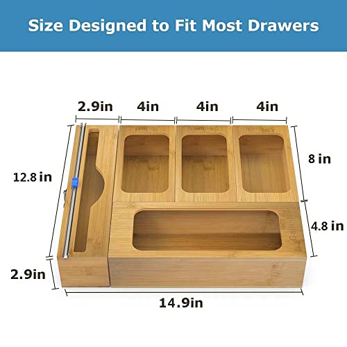 OFFSIR Ziplock Bag Storage Organizer and Plastic Wrap Dispenser, 5 Separate Food Bags Organizer for Kitchen Drawer, Bamboo Bag Holder with Cutter for Gallon, Quart, Sandwich, Snack, Wax, Foil