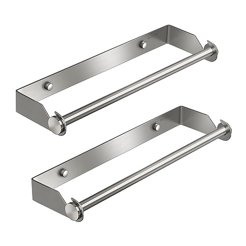JUTOROSY Paper Towel Holder Under Cabinet for Kitchen, Wall Mount Paper Towel Holder Self-Adhesive or Drilling, Paper Roll Holder Paper Towel Rack for Kitchen, Bathroom, Pantry, Sink, Silver-2 Pack