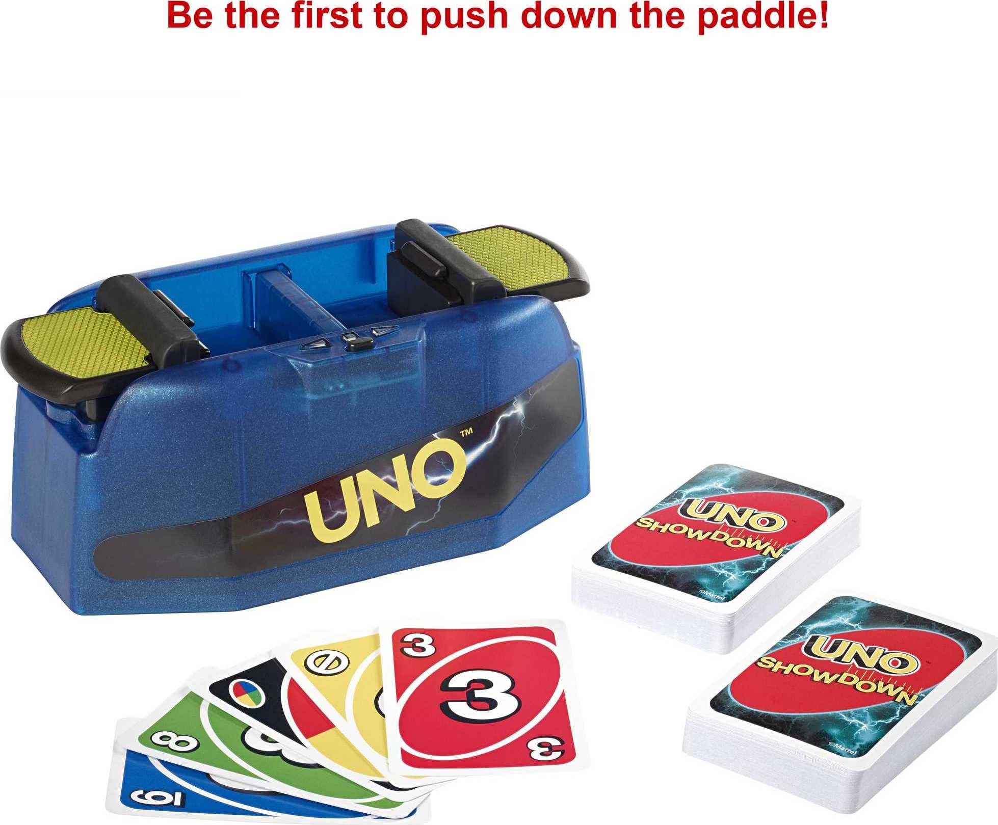 Mattel Games UNO Showdown Supercharged Card Game for Family Night with Electronic Card Launcher, Lights & Sounds (Amazon Exclusive)