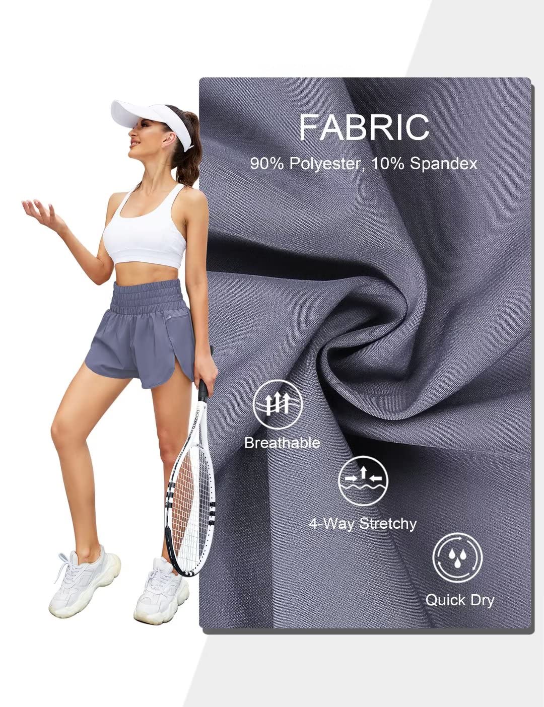 Blooming Jelly Women's High Waisted Running Shorts Athletic Active Workout Shorts with Zip Pocket (Medium, Blue Grey)