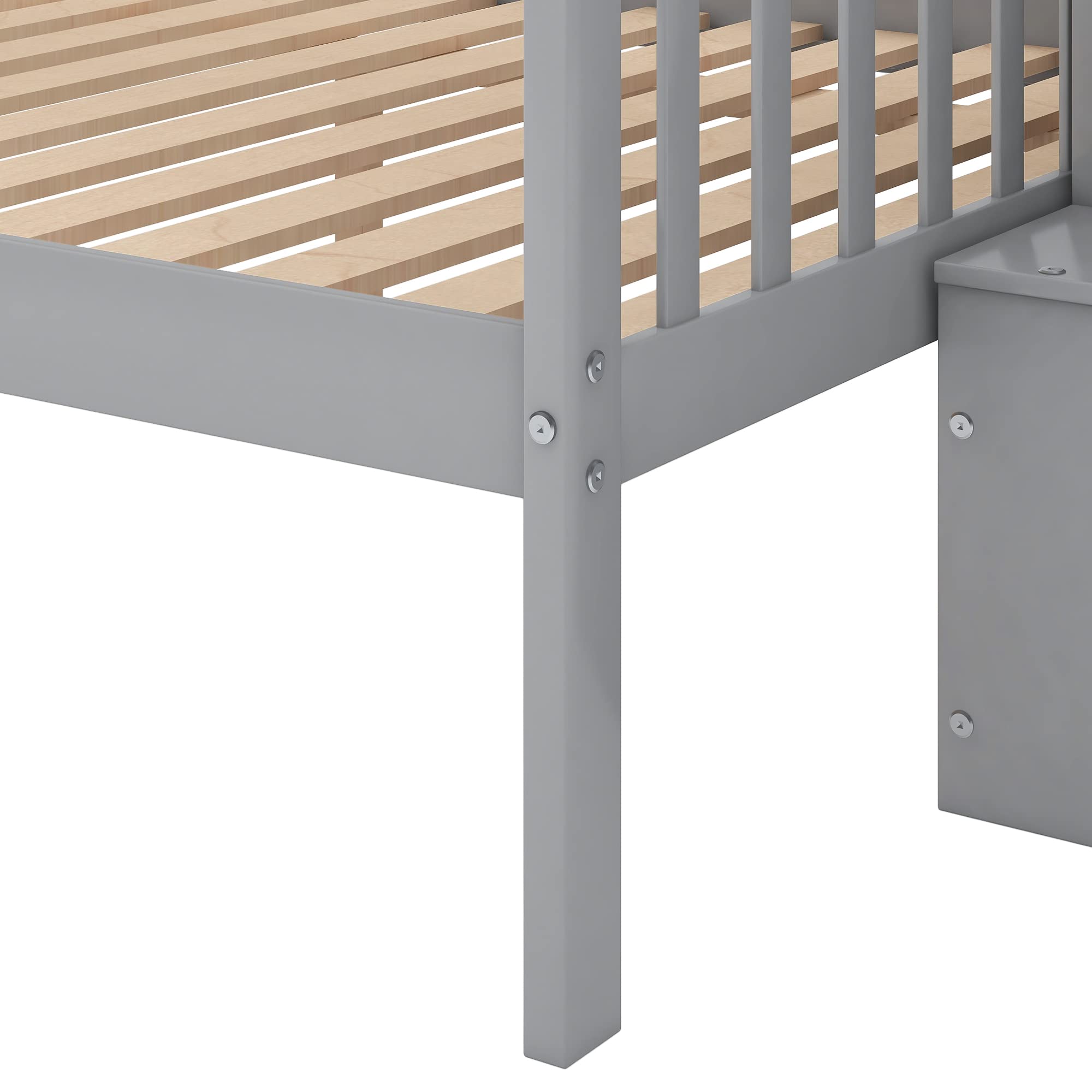 Polibi Twin Over Full Stairway Bunk Bed, Solid Wood Bunk Bed with Storage Shelves, No Spring Box Needed, Grey