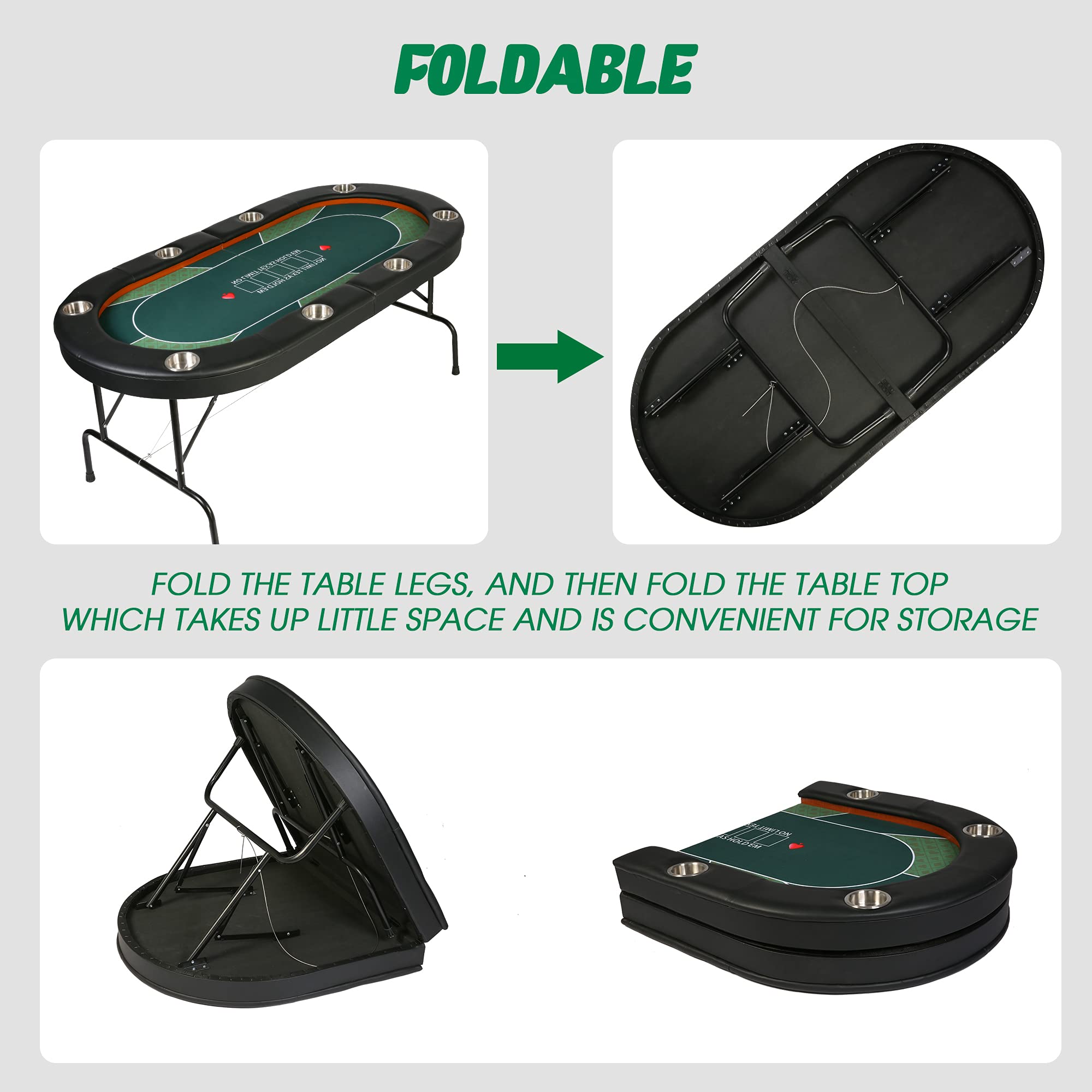 Vilobos Poker Table Foldable, 8 Players Texas Holdem Poker Table, Casino Folding Table for Blackjack Board Game -Green
