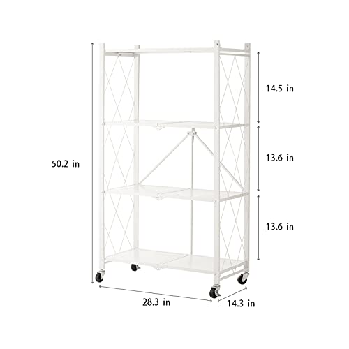 ShanSon Storage Shelves with Wheels 4 Tier Heavy Duty Foldable Metal Rack Storage Shelving Units for Garage Kitchen，White