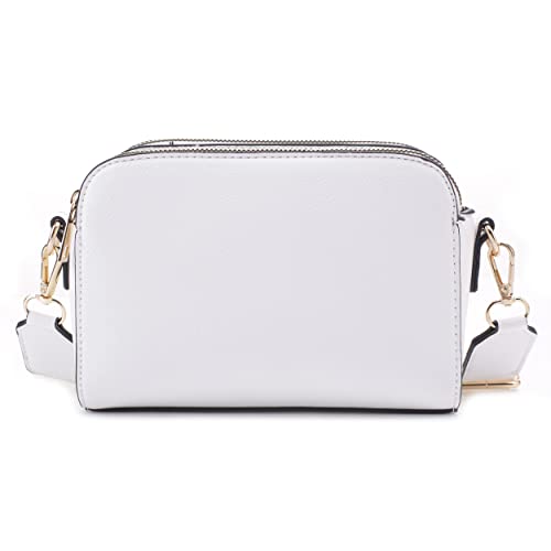 EVVE Crossbody Bags for Women Trendy Triple Zip Small Crossbody Camera Bag Purse with Wide Guitar Strap | White