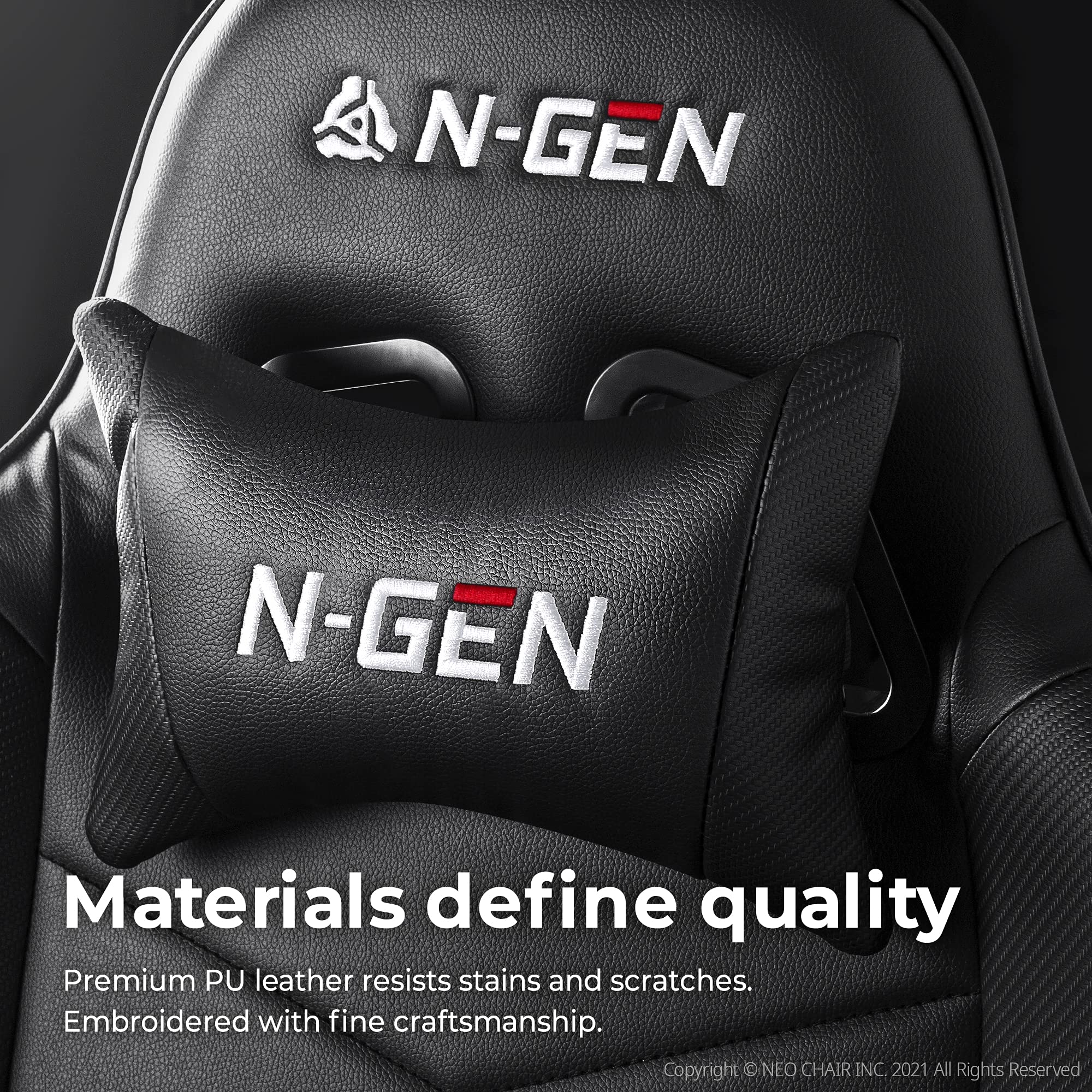 N-GEN Gaming Chair Computer Ergonomic Office Adjustable Lumbar Support Racing Style High Back Desk Headrest Swivel Executive E-Sports Video Game PC Leather Height Reclining (1. Black)