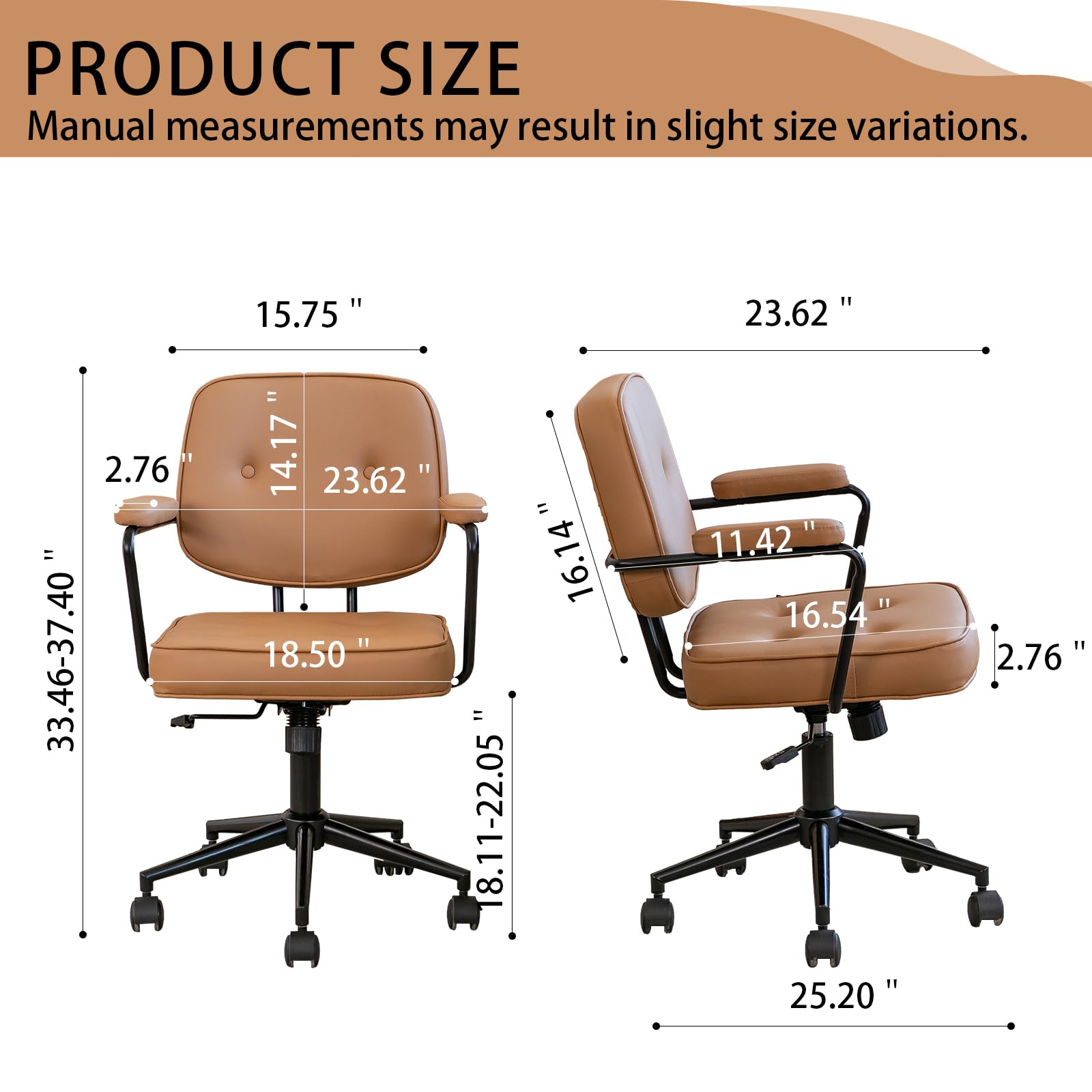 NTailed FOX Mid Century Office Chair, Swivel Desk Chair with Wheels and Arms, Height Adjustable Rolling Chair, Small Leather Office Chair for Adults (Brown)