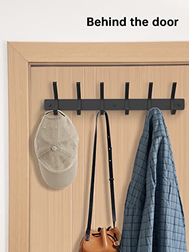 Coat Rack Wall Mounted with 6 Dual Hooks Rail for Hanging Clothes Hats Bags Keys at Entryway Towel Head Wraps Robes at Mudroom Mugs at Kitchen Room Organization (Black)