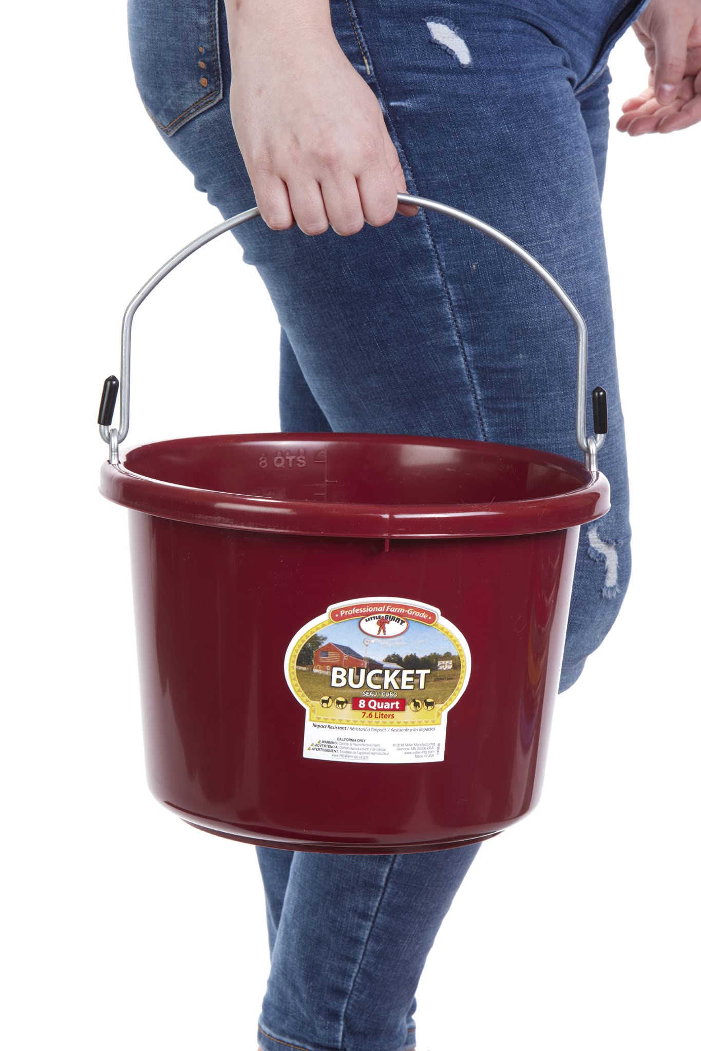 Little Giant® Plastic Animal Feed Bucket | Round Plastic Feed Bucket with Metal Handle | Made in USA | 8 Quarts | Burgundy