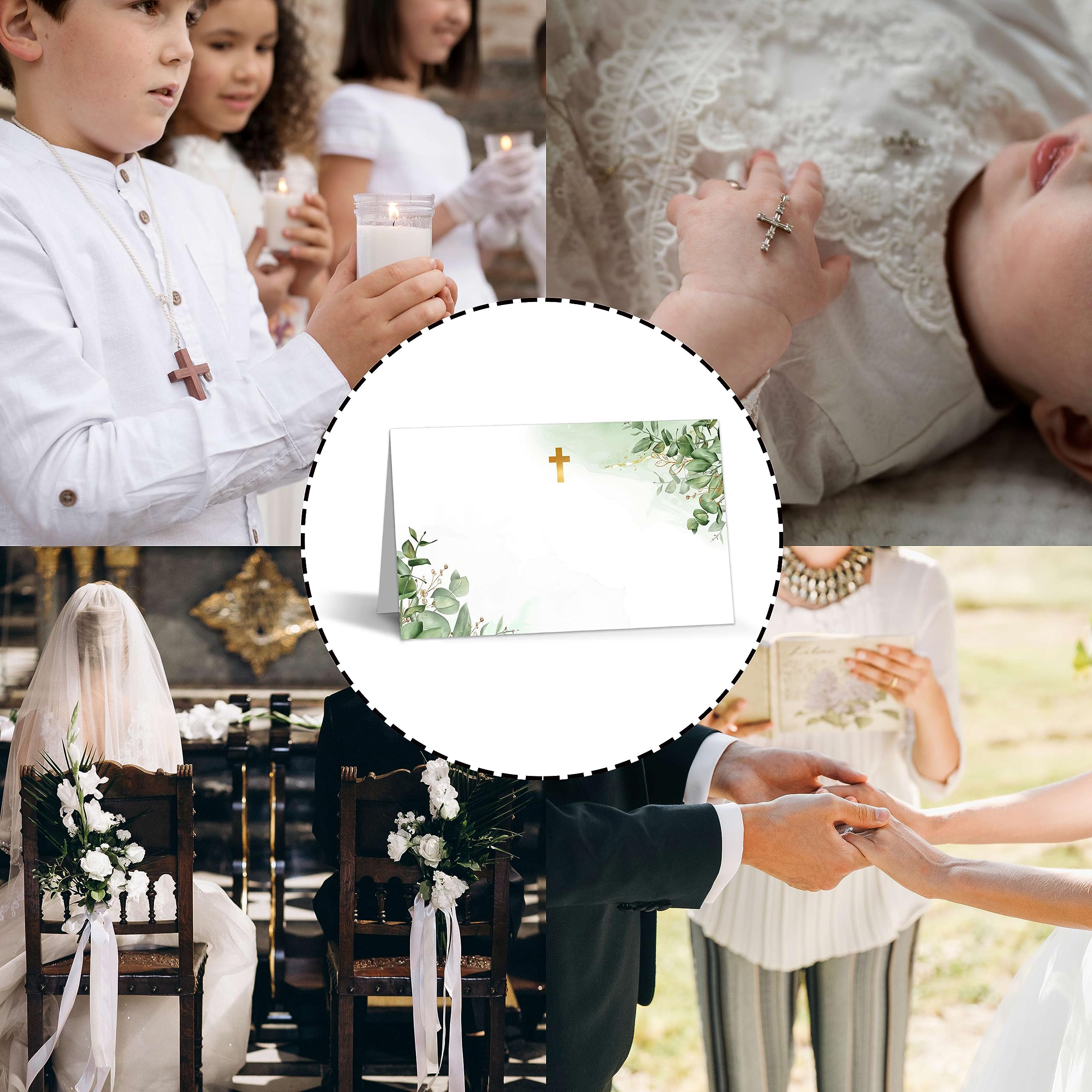 Eucalyptus Baptism Place Cards, Table Place Card for First Holy Communion Religious Party/Christening Naming Ceremony, Gold Foil Tent Name Place Cards for Table Setting, 25 Pack(A03)