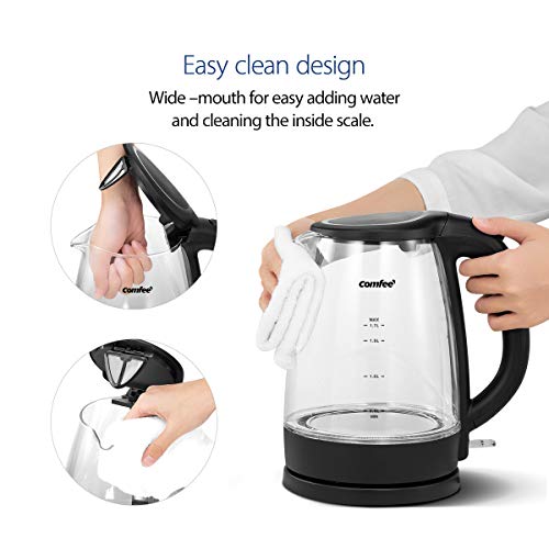 COMFEE' Glass Electric Tea Kettle & Hot Water Boiler(BPA-Free), 1.7L, Cordless with LED Indicator, 1500W Fast Boil, Auto Shut-Off and Boil-Dry Protection