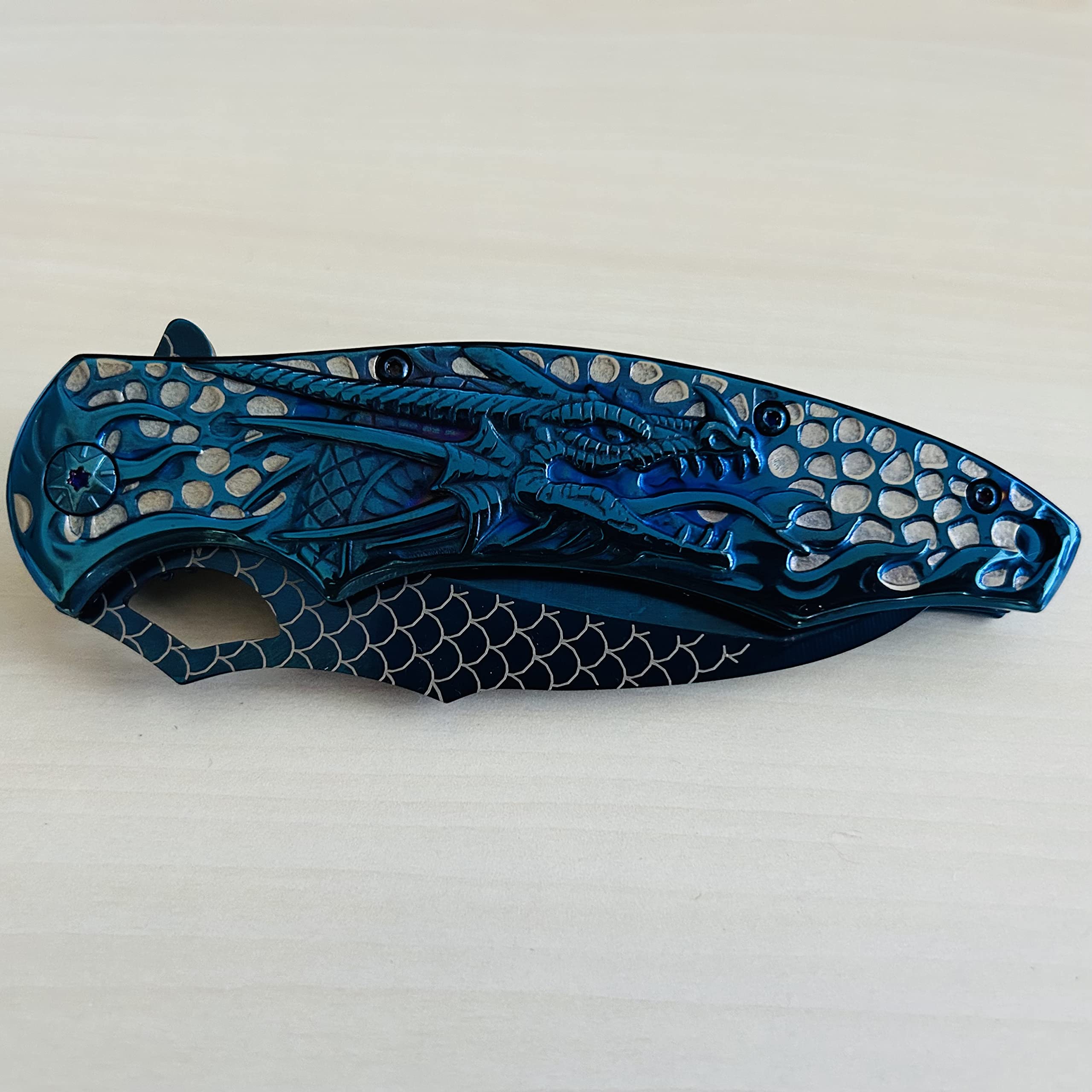 BladeDealUSA Dragon Design Assisted Open Folding Pocket Knife, Dragon Skin Blade, Blue Color, Hunting, Camping Accessories