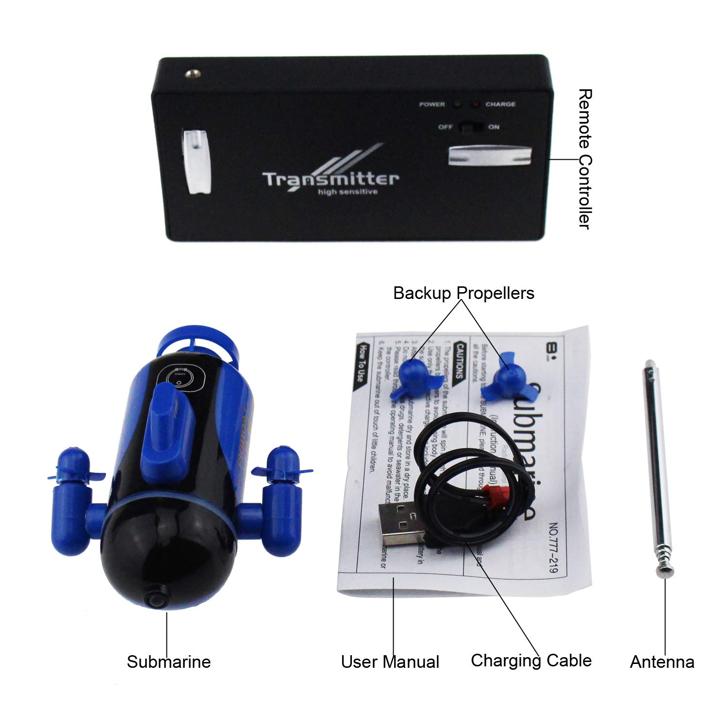 Tipmant Mini RC Submarines Toys Remote Control Boat Waterproof Diving Water Kids Gift (Blue)