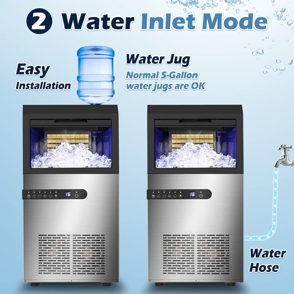 Commercial Ice Machine, 130LBS/24H, 60 Ice Cubes/Cycle Free Standing Under Counter Ice Maker w/Large Ice Bin, 2 Auto Water Inlet Modes, Self Clean, 24H On/Off Timer for Home Party & Business