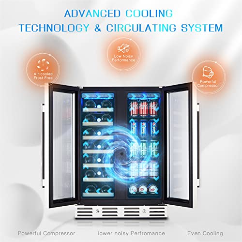 Kalamera Wine Cooler, 24 inch Built in Wine and Beverage Refrigerator, Dual Zone w/ 20 Bottles and 78 Cans Capacity, Digital Touch Control