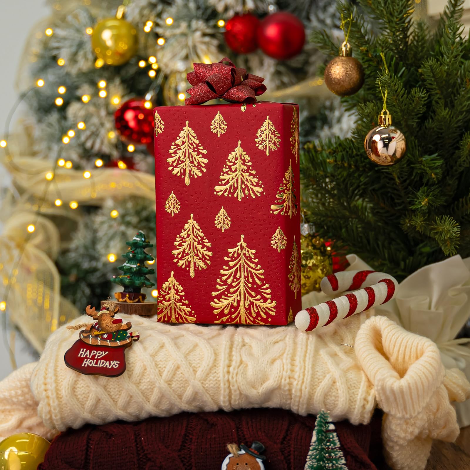 Flyhill Kraft Christmas Wrapping Paper-17inch*32.8ft(46.8sq.ft.ttl Per Roll- Red and Gold 3D Embossed Foil Christmas Trees Design for New Year,Birthday,Party,Craft & Art