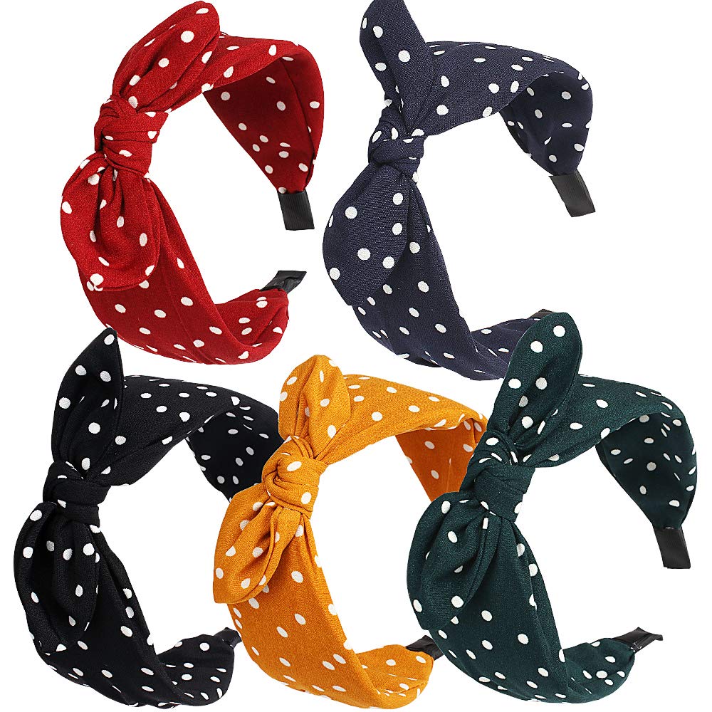 Bow Headbands for Women, Fashion Polka Dot Headbands with Rabbit Ears, Vintage Wide Bunny Headbands with Bow for Hair, Adjustable Size Hairbands Accessories cintillos de pelo para mujeres(5 Pcs)