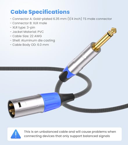 tisino XLR to 1/4" Cable, Quarter inch Mono to XLR Male Unbalanced Interconnect Cable Cord for Amplifiers, Instruments- 6.6 Feet