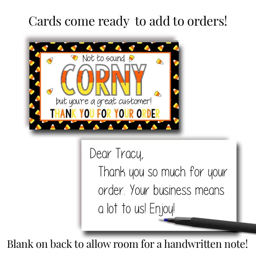 Funny Candy Corn Halloween Treat Themed Thank You Customer Appreciation Package Inserts for Small Businesses, 100 2" X 3.5” Single Sided Insert Cards by AmandaCreation