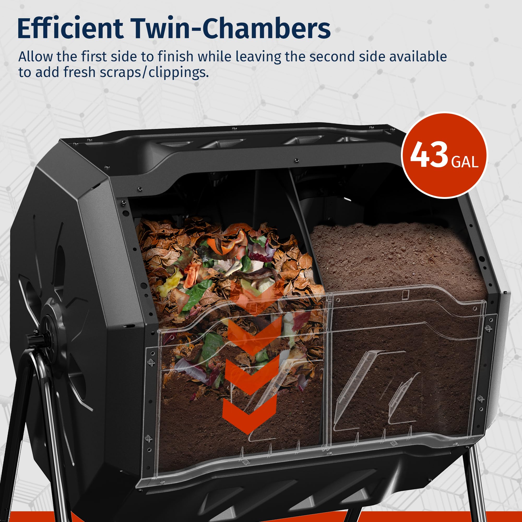 EAST OAK Compost Tumbler Outdoor, 43-Gal Dual Chamber Compost Bin with 2 Sliding Door and Aeration System, Tumbling Rotating Composter Bin for Kitchen, Garden, Yard