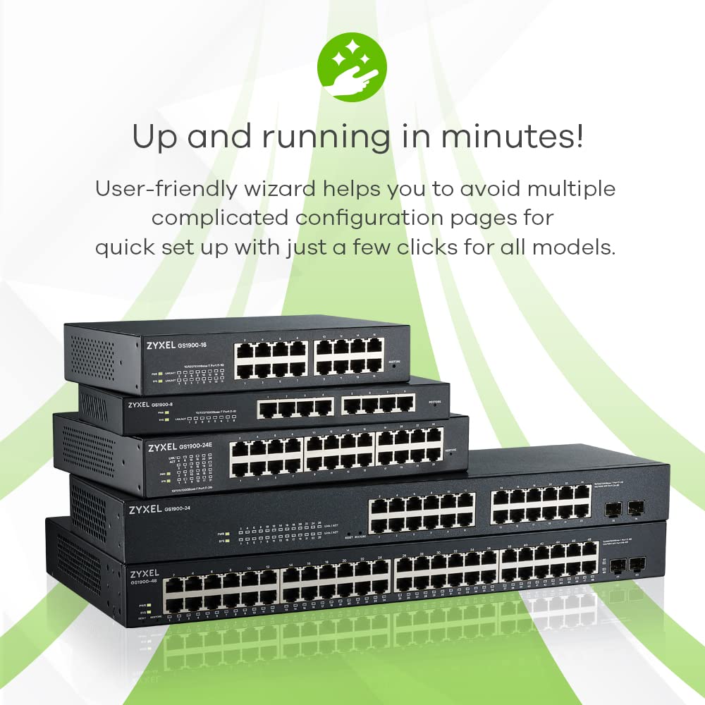 ZYXEL 8-Port PoE Switch Gigabit Ethernet Smart (GS1900-8HP REV 03F) - Managed, with 8x PoE+ @ 70W, Desktop or Wall mount. Limited Lifetime Protection