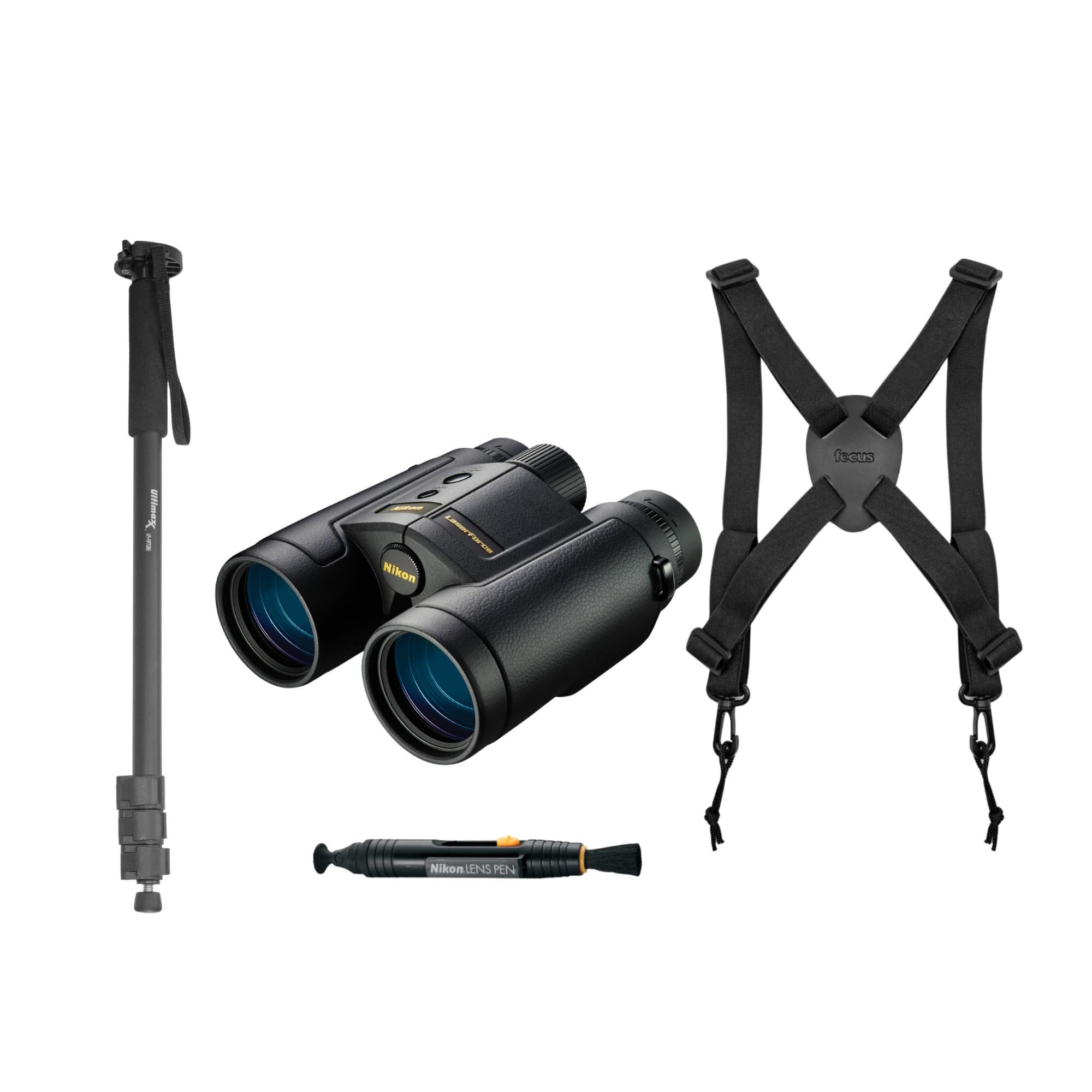 Nikon 10x42 LaserForce Rangefinder Binoculars Bundle with Binocular Harness Strap, 79-Inch Photo and Video Monopod Lenspen Cleaning System (4 Items)