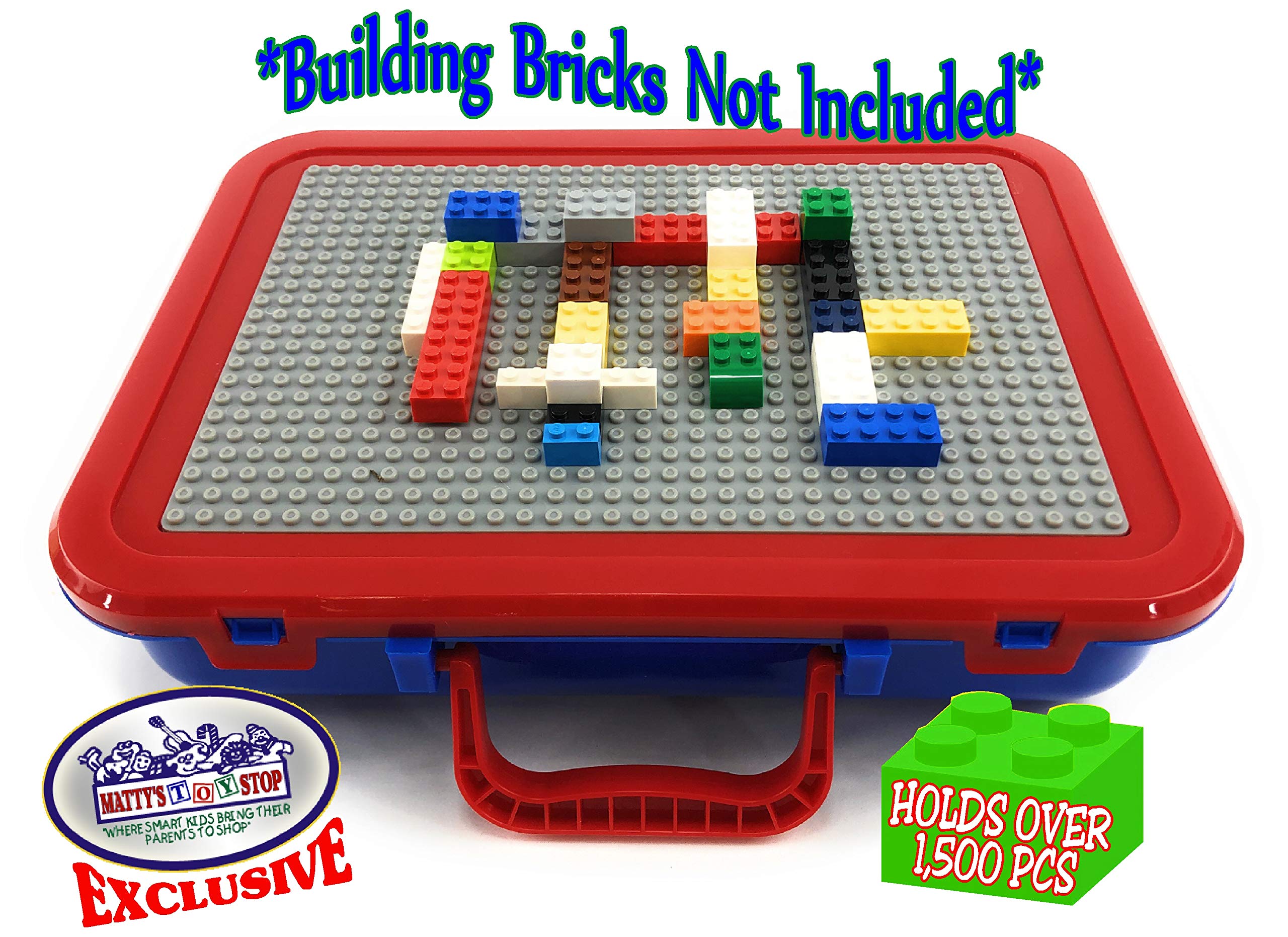 Matty's Toy Stop Brik-Kase 2-GO 13" Travel, Building, Storage & Organizer Container Case with Building Plate Lid (Holds Approx 1,500pcs) - Compatible With All Major Brands (Blue, Red & Gray)
