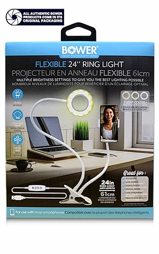 BOWER 24 Inch Clip on Desk Ring Light - Flexible Arms, 36 LED Lighting with 3 Light Modes and 10 Brightness Levels, Heavy Duty Clamp, and Built-In Phone Holder