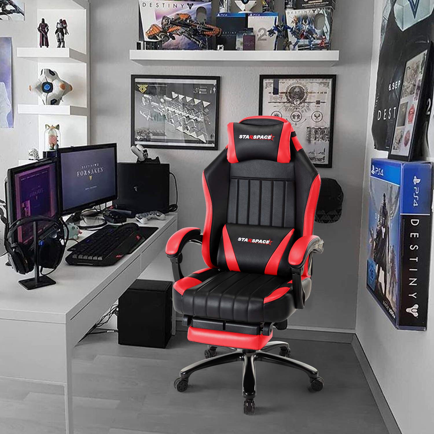 Big & Tall 350lb Memory Foam Reclining Gaming Chair Metal Base - Adjustable Back Angle and Retractable Footrest Ergonomic High-Back Racing Executive Computer Desk Office Chair (Blue)