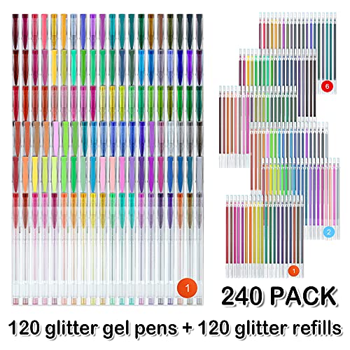 Shuttle Art 240 Pack Glitter Gel Pens, 120 Colors Glitter Gel Pen Set with 120 Refills for Adult Coloring Books Craft Doodling