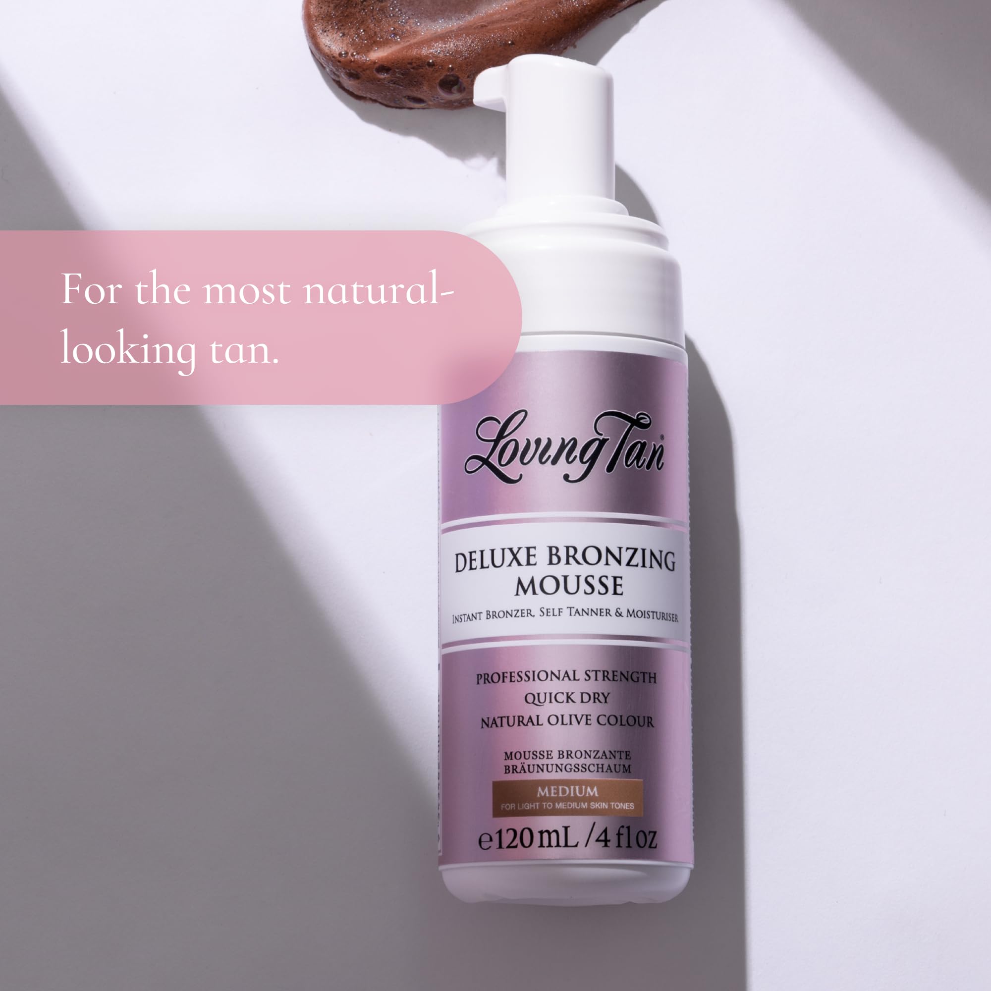 Loving Tan Deluxe Bronzing Mousse, Medium - Streak Free, Natural looking, Professional Strength Sunless Tanner - Up to 5 Self Tan Applications per Bottle, Cruelty Free, Naturally Derived DHA - 4 FL Oz