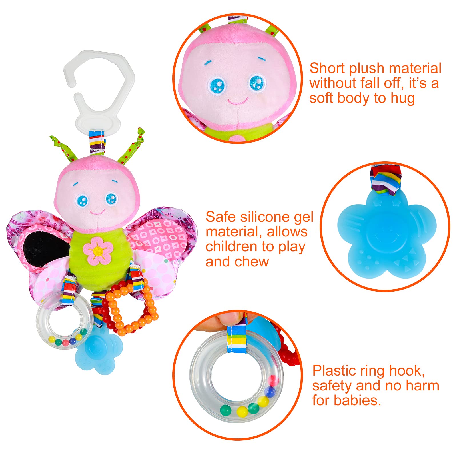 Funsland 3 Pack Stroller Toys - Car Seat Toys for Infants with Teether Hanging Toys - Butterfly + Birdie + Duck