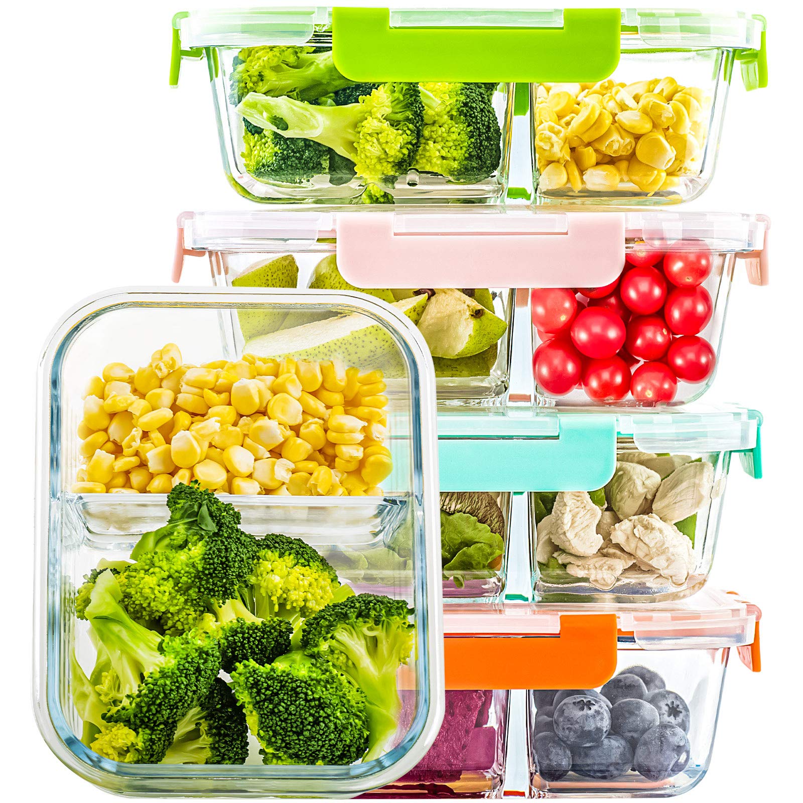 C CREST Glass Meal Prep Containers 2 Compartment Set, 5-Pack, 34oz, Glass Bento Boxes for Adults, Divided Glass Lunch Containers with Lids
