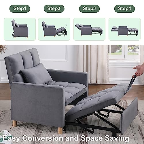 HANLIVES 3-in-1 Single Convertible Chair Bed,Sleeper Sofa Chair Bed with Pillow,Multi-Functional Sleeper Chair with Adjustable Backrest,pullout Sofa Bed with Velvet Fabric for Apartment(Grey)