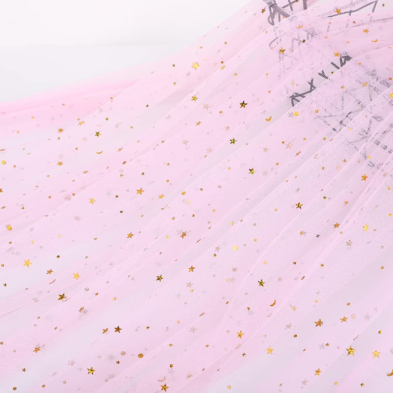 Gold Glitter Sequin Tulle Fabric Star Moon Tutu Skirt Dress Sewing, 63" x 11 Yard Birthday Ribbon Wedding Veil Backdrop Decoration Gauze