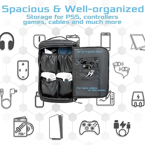 Ezgnuk Game Backpack for PS5 Console, Protective Travel Carrying Case, Large Capacity Storage Bag with Zippered Pocket for PlayStation 5, Laptop, Headphones, Game Discs and Accessories (Black)