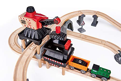 Hape Crane and Cargo Train Set | Wooden Railway Toy Set with Magnetic Crane, Button Operated Loader and Adjustable Rail Signal