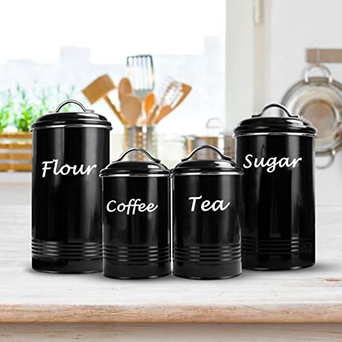 Farmhouse Canisters Set of 4, Food Storage Container for Kitchen Decor, Rustic Metal Countertop Canisters with Airtight Lids for Sugar, Coffee, Tea - Black