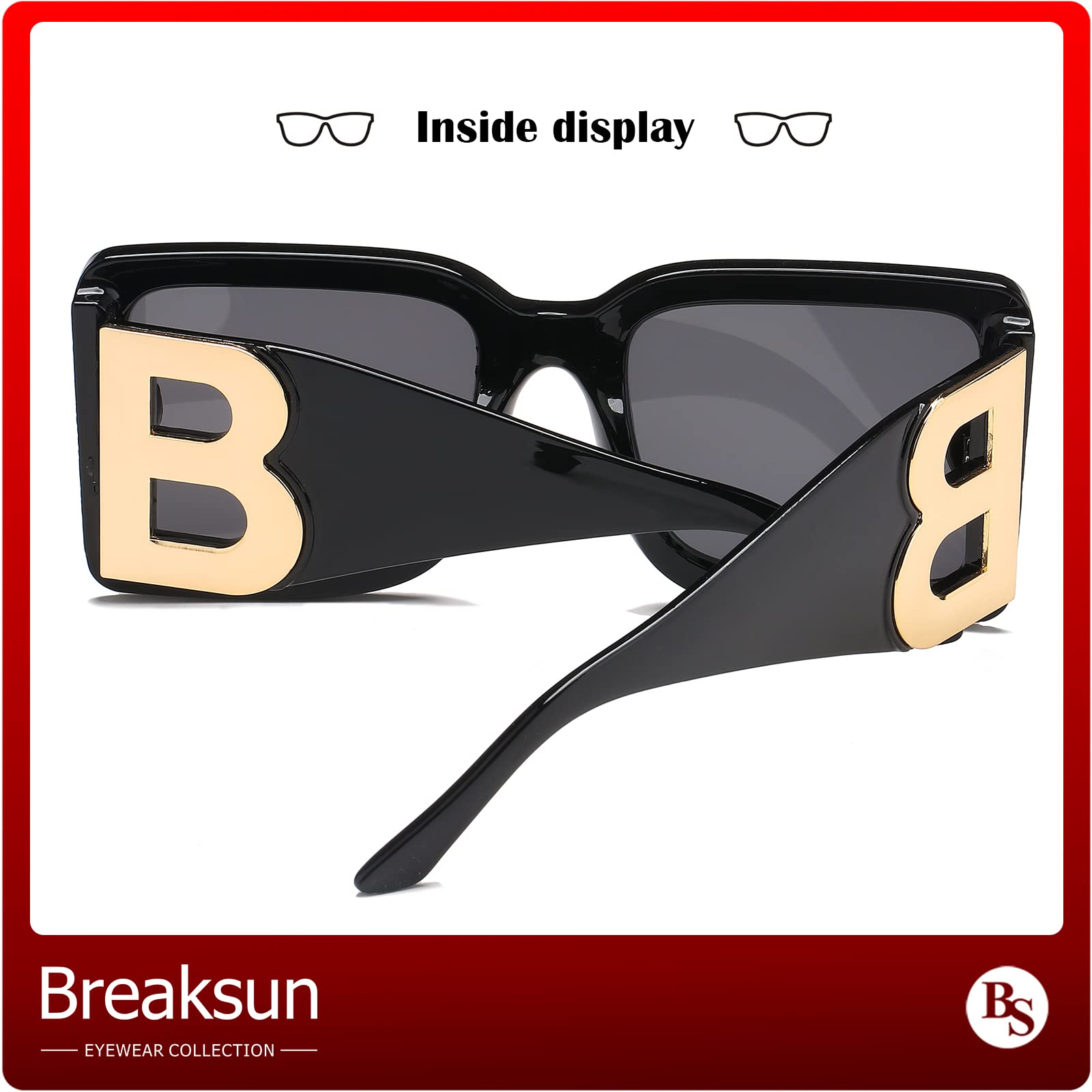 Breaksun Fashion Big Square Sunglasses for Women Men Classic Black Luxury Designer Sun Glasses Thick Frame Gradient Tint (Black/Grey/Gold Character)