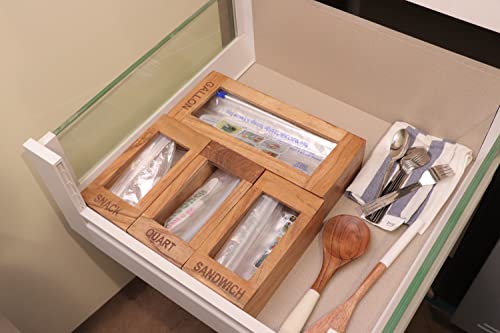 Lavaux Designs acacia wood Ziplock bag organizer Set of 4 boxes | Compatible with Ziploc, Solimo, Hefty, Glad for gallon, quart, sandwich bags & snack size ziplocks | kitchen organization and storage