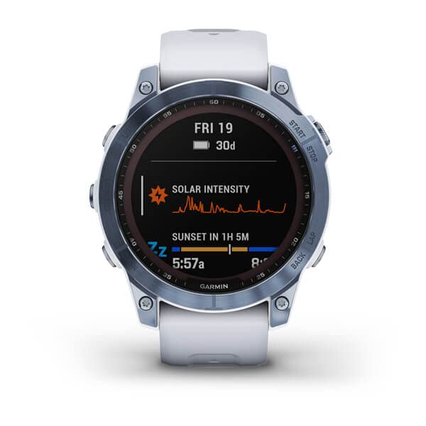 Garmin Fenix 7 Sapphire Solar Edition Smart Watch Mineral Blue Titanium with Whitestone Band (47mm) + Watch Charging Stand + USB Car/Wall Adapter + 6TH AVE Cleaning Kit (010-02540-24)