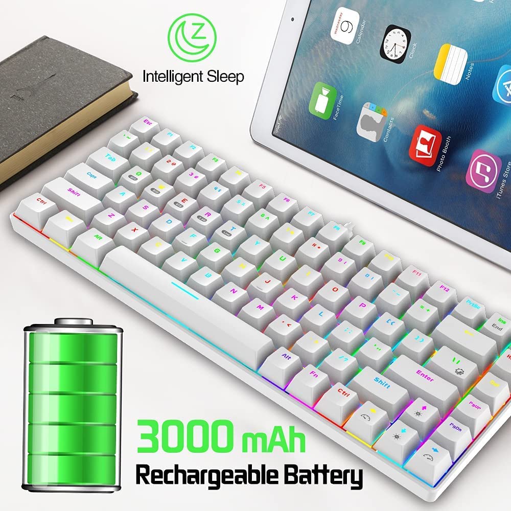 Bluetooth Mechanical Gaming Keyboard,Rainbow LED Backlit Bluetooth 5.0/Wireless 2.4G/Wired 84 Keys Mini Keyboard with Rechargeable 3000mAh Battery Brown Switches Type-C USB Receiver for PC Gamers