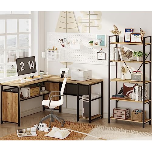 FATORRI Industrial L Shaped Computer Desk and 5 Tier Bookshelf for Home Office (Rustic Oak)