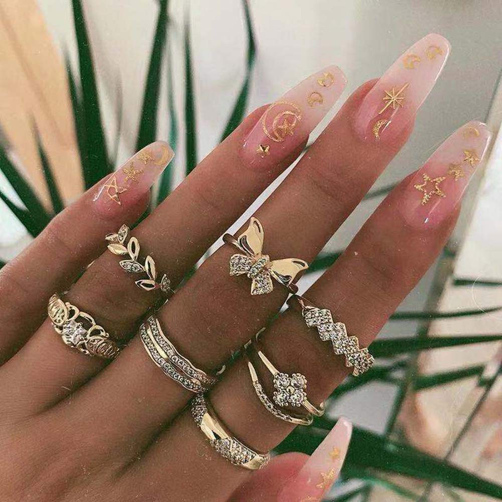 Boho Finger Ring Set of 7 Gold Crystal Butterfly Rings Set for Women and Dainty Gold Ring