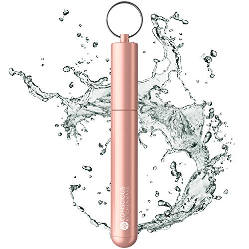 Conscious Kitchenware Reusable Metal Straws With Case - Portable And Collapsible Drinking Straw. Telescopic Stainless Steel Straw with Aluminium Travel Case and Cleaning Brush (Rose Gold)