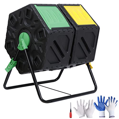 F2C Dual Chamber 37 Gallon Compost Tumbler All-Season Outdoor BPA Free Large Composter Bin w/ 2 Sliding Doors and Solid Steel Frame (37 Gallon)