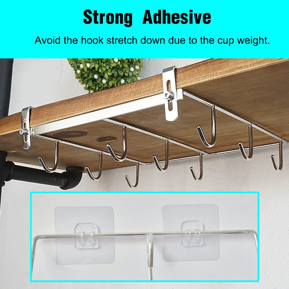 Coffee Mug Holder Under Cabinet - Silver 9 Hooks Cup Organizer for 1.18" Thickness Cabinet Hanging Mug Rack Tea Cup and Utensil Hooks Drilling Free Mug Hanger Under Shelf