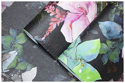 HAOKHOME 93153 Wild Spring Peel and Stick Wallpaper Bouquet Botanical Floral Black/Green/Pink Removable Stick on Home Decor 17.7in x 118in