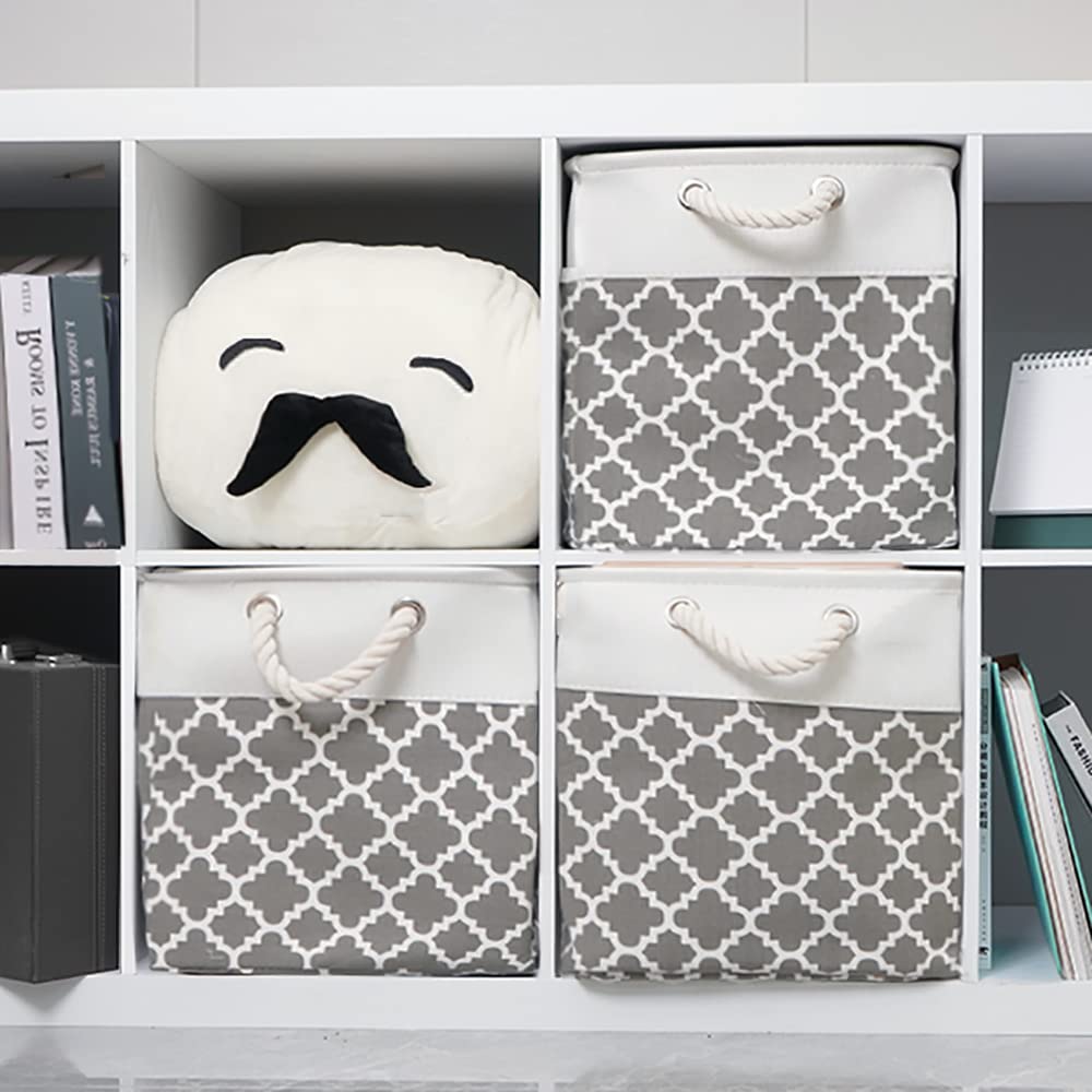Cozyaver Storage Baskets for Shelves, 13'' x 13'' x 13'' Cube Organizing Closet Nursery Toy Decorative Linen Fabric Organizers with Cotton Handles, 3 Pack Grey Clover